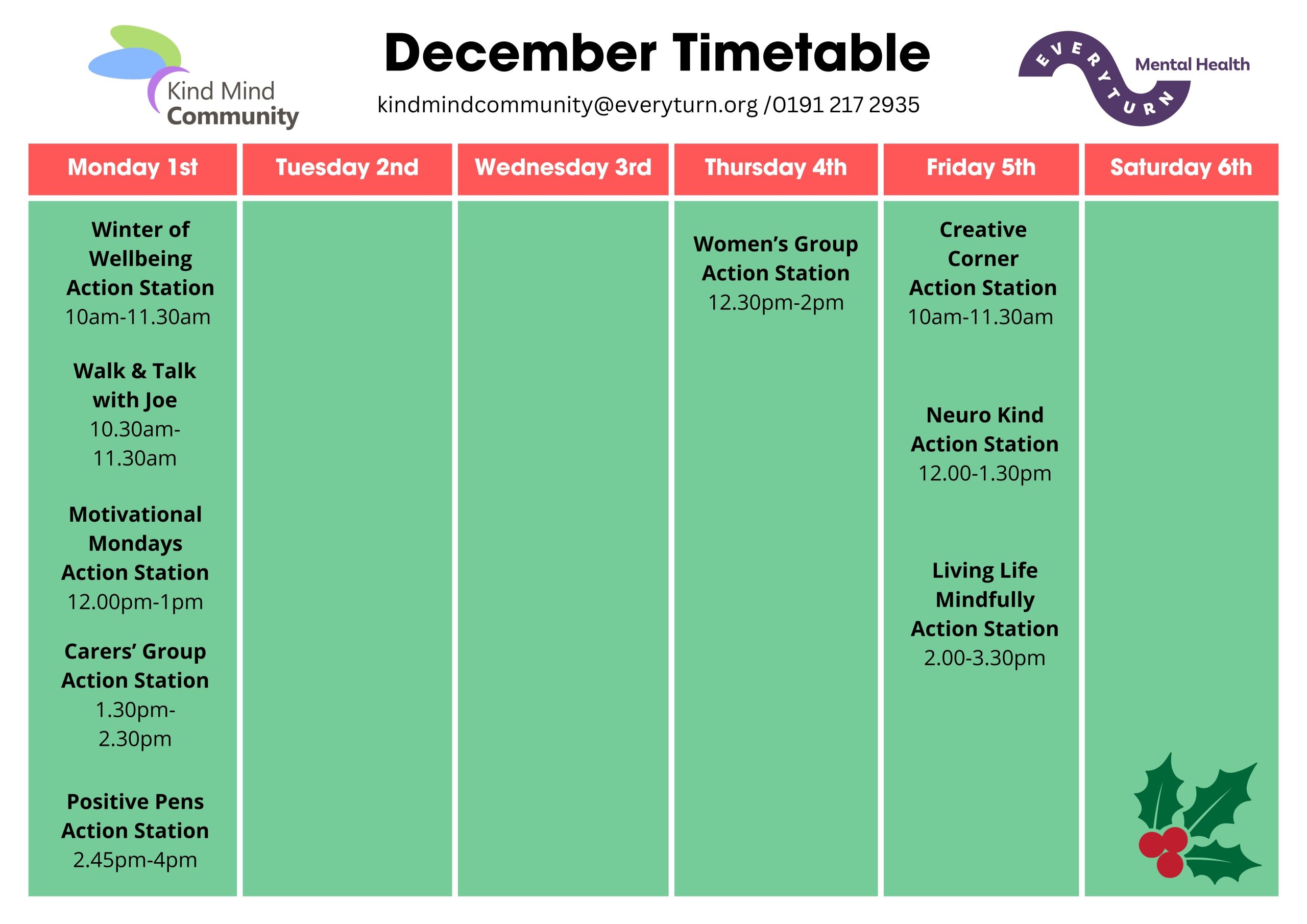 December Timetable! | Kind Mind Community